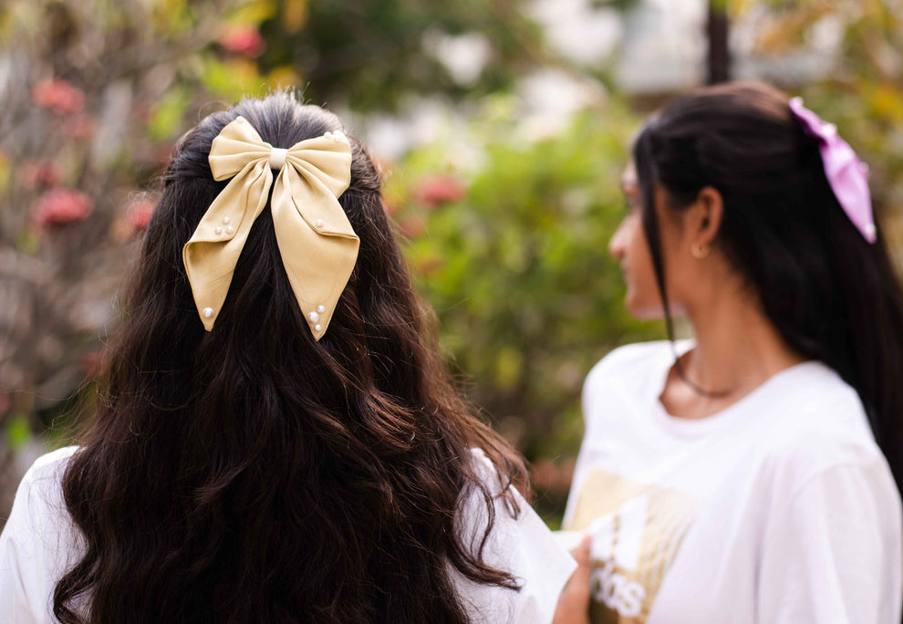 Big fancy satin bow on alligator clip embellished with pearls - Ivory ...